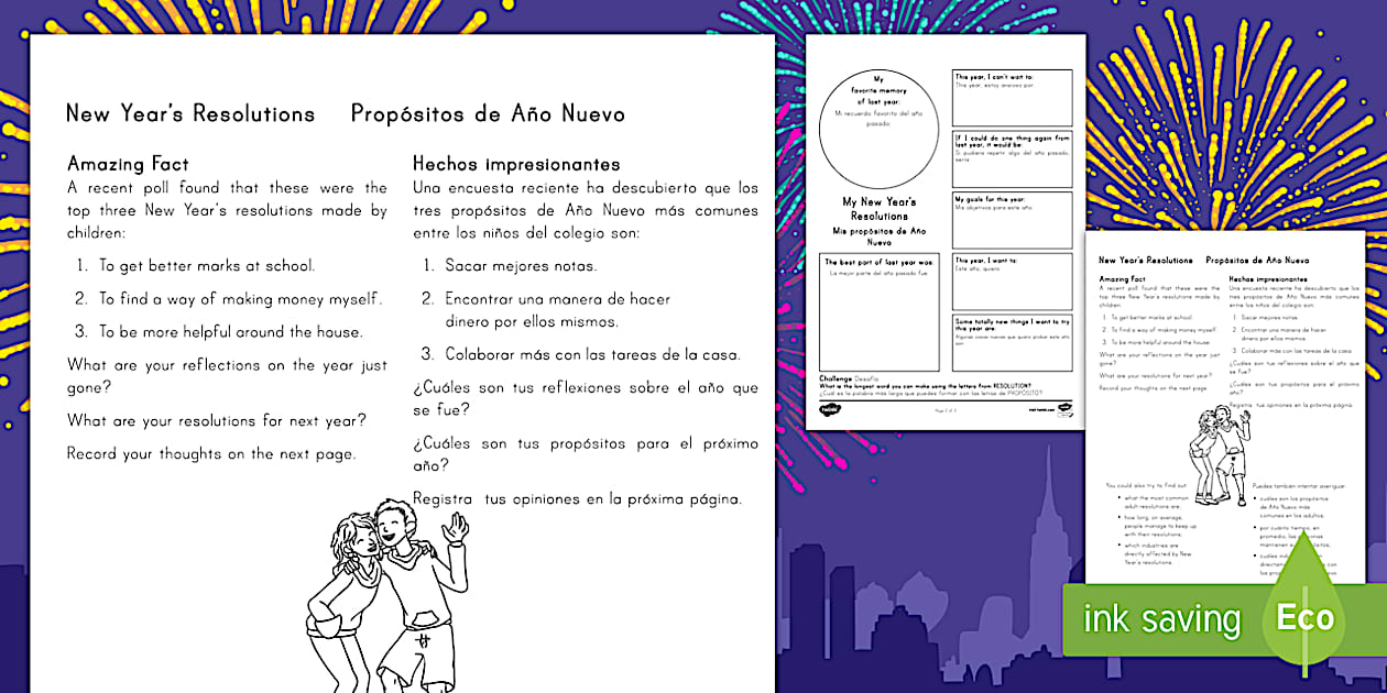 New Years Resolutions Worksheet / Worksheet English/Spanish