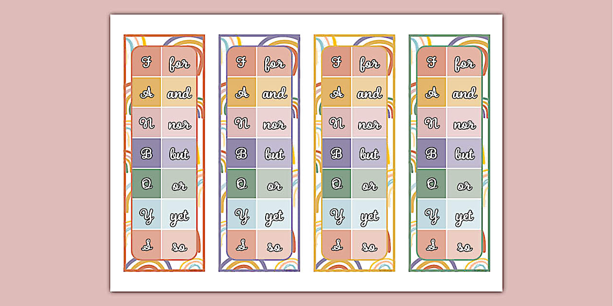 Muted Rainbow Themed FANBOYS Coordinating Conjunctions Bookmarks