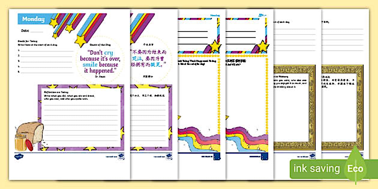 Daily Well-Being Journal Templates: Weekdays - English/Mandarin Chinese