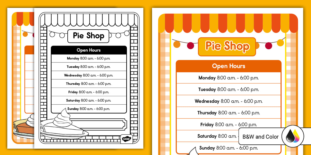 Pie Shop Dramatic Play Hours Sign (teacher made) - Twinkl