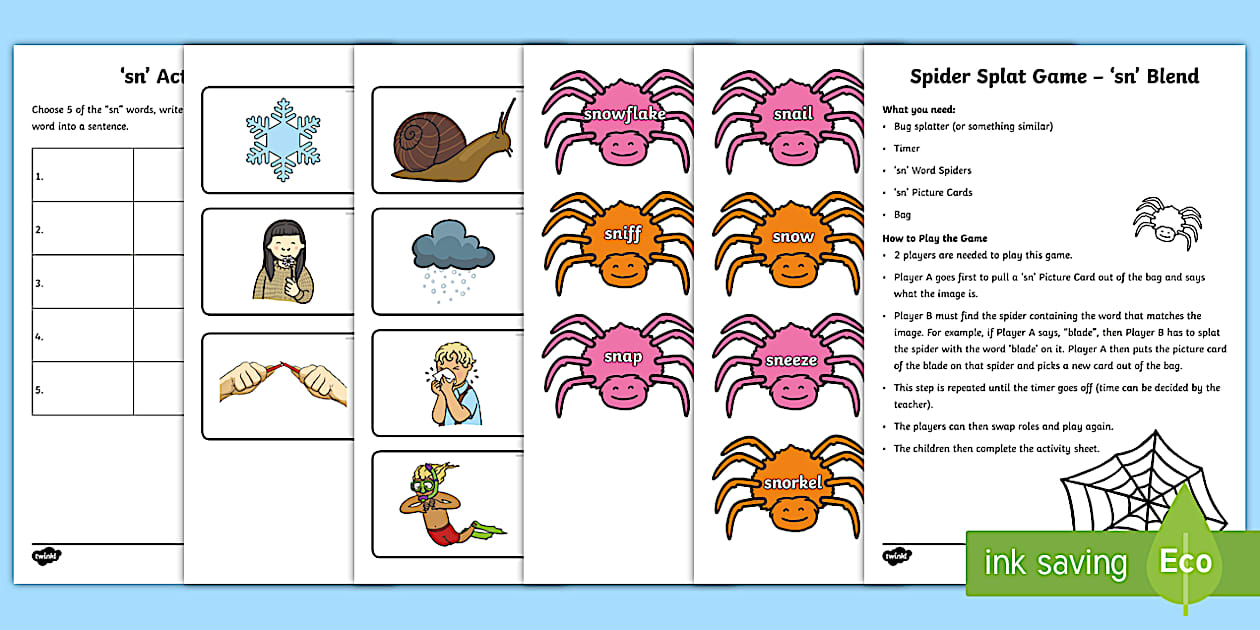 Spider Splat 'sn' Blend Game (teacher made) - Twinkl