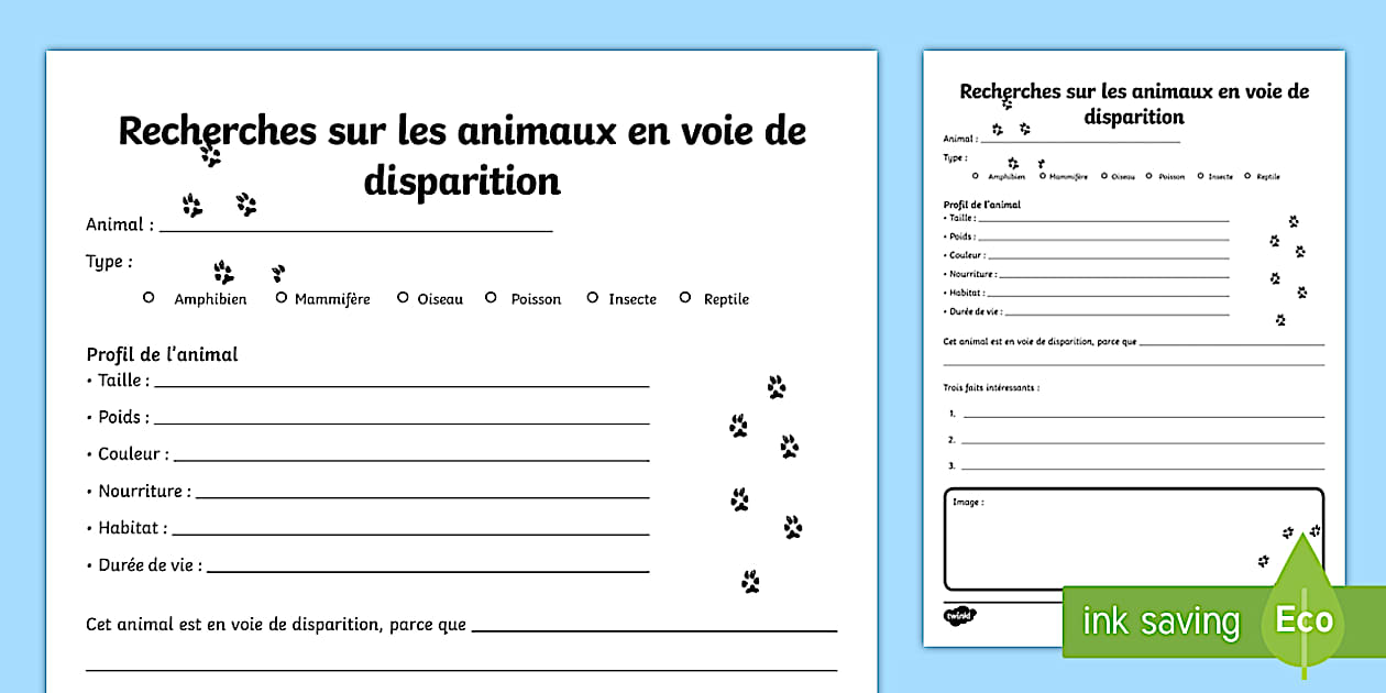 Editable Fiche de recherches : Animaux en voie de disparition