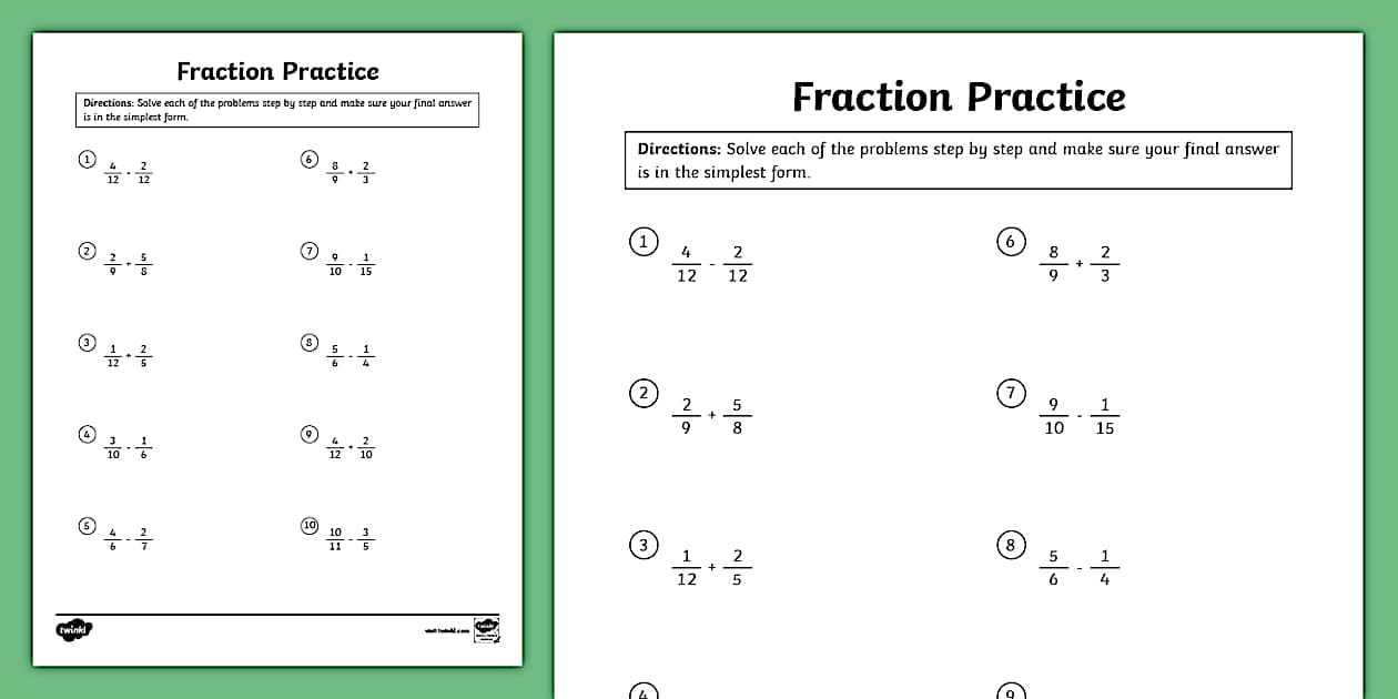 Seventh Grade Fraction Practice (professor feito) - Twinkl