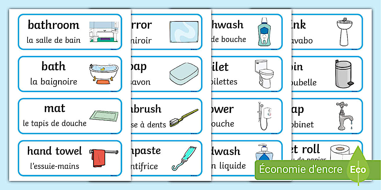 Cartes de vocabulaire anglais-français : la salle de bain