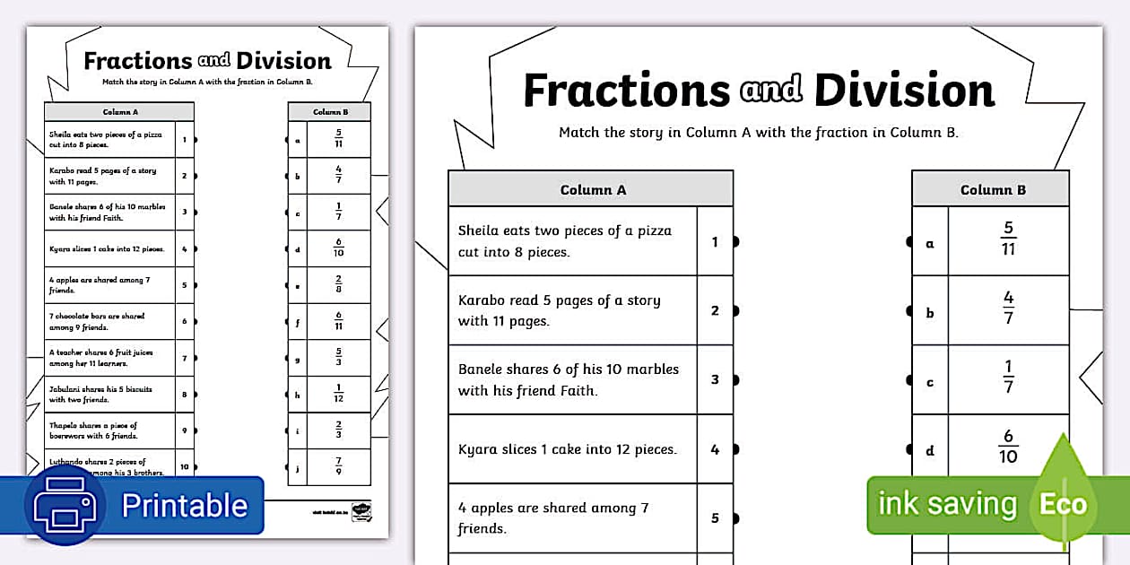 Fractions and Division: Match the Columns Activity Sheet