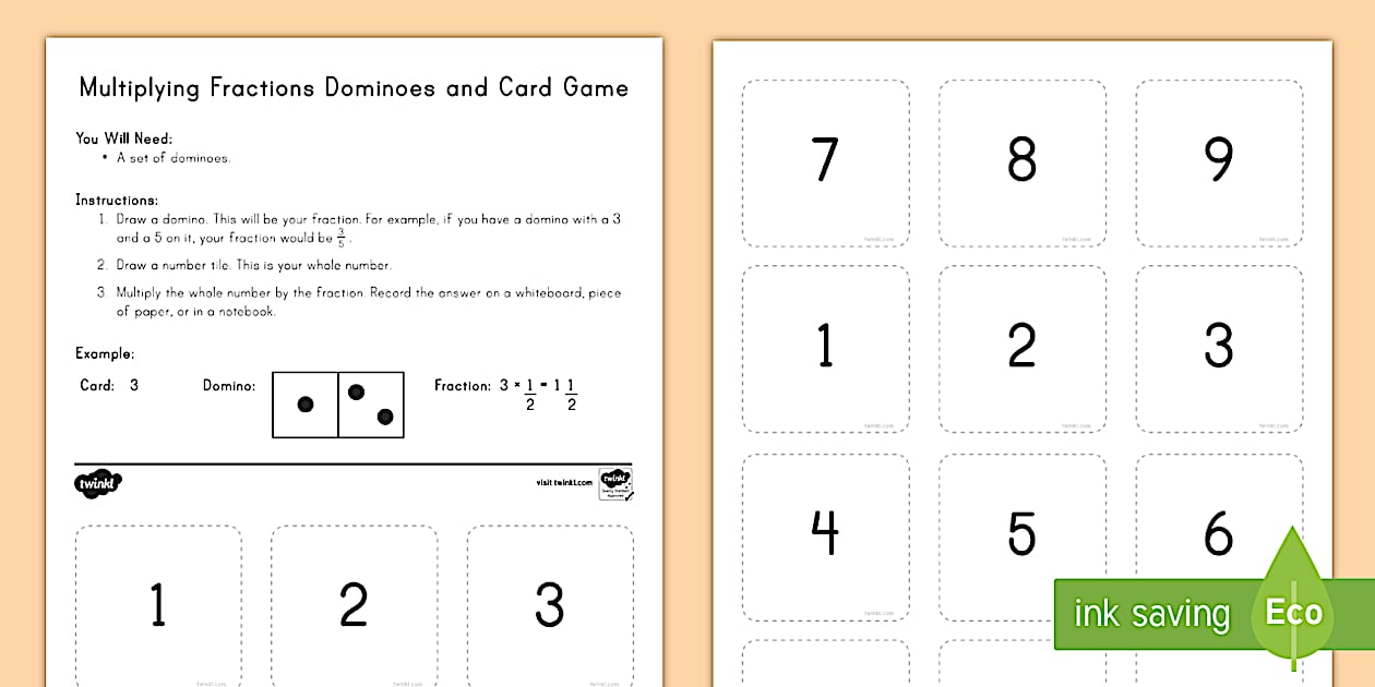 Multiplying Fractions by Whole Numbers Dominoes and Number Cards Game