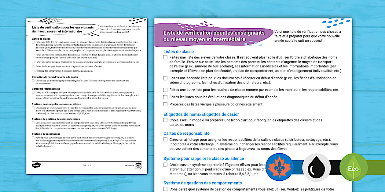 Back to School Intermediate Teacher Checklist French