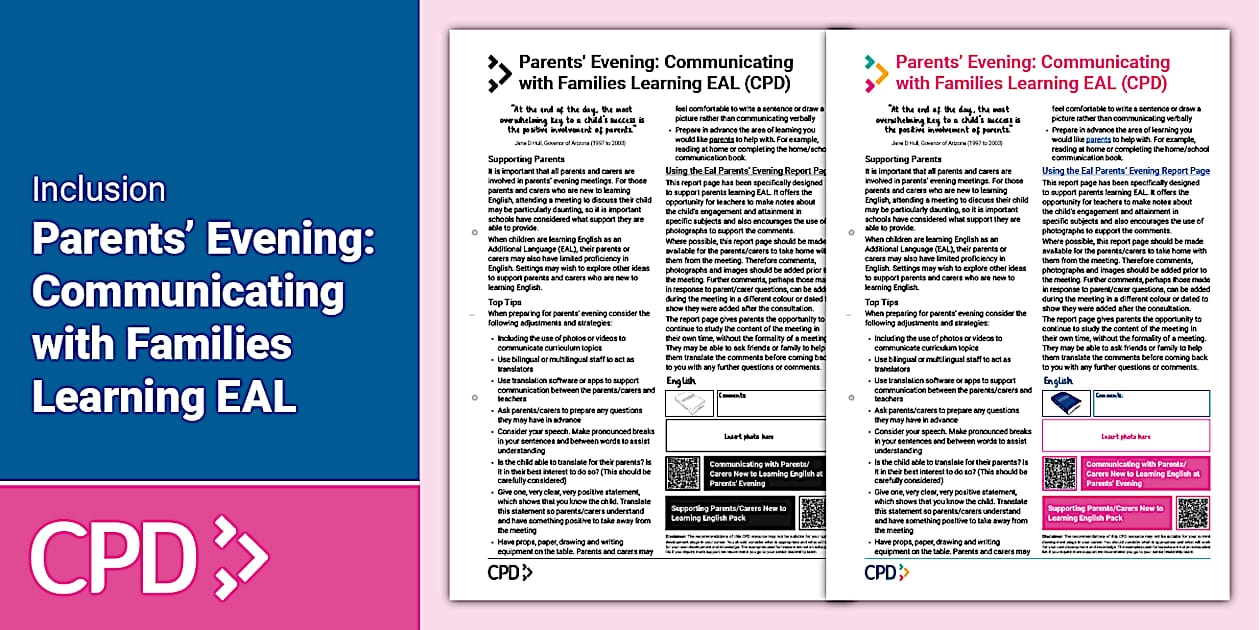 Parents' Evening: Communicating with Families Learning EAL CPD