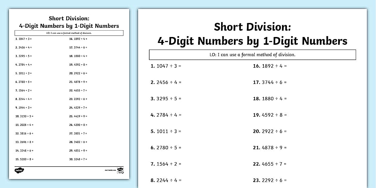 Short Formal Division of 4 Digit Numbers Worksheet / Worksheet
