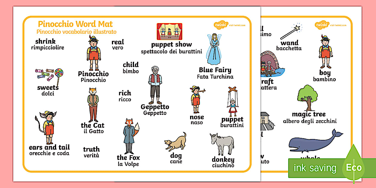 Pinocchio Word Mat English/Italian - Pinocchio Word Mat