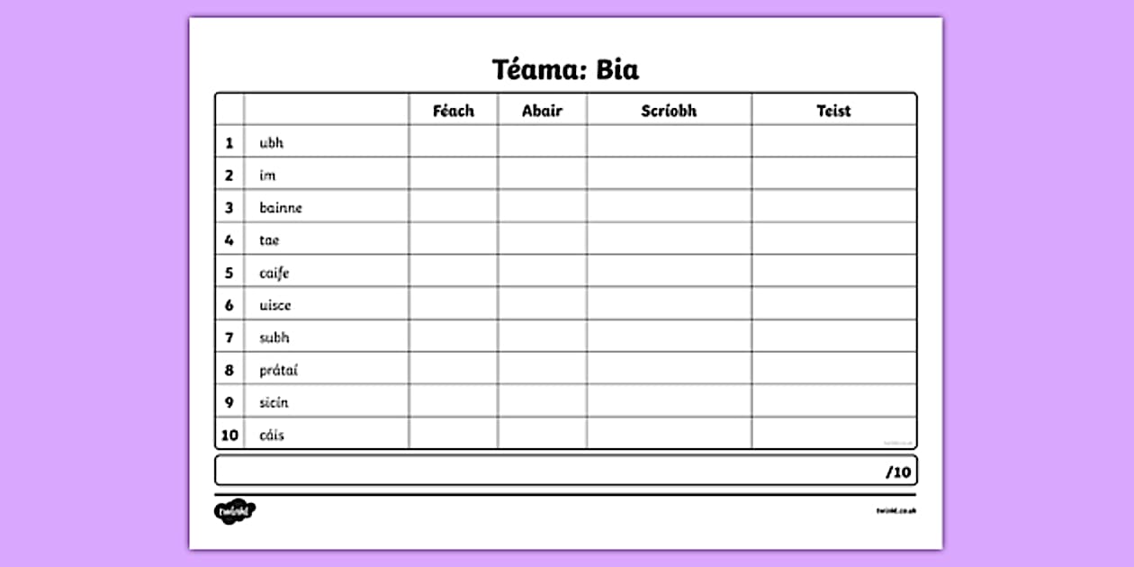 Editable Spelling List Bia 2 Gaeilge (teacher made) - Twinkl