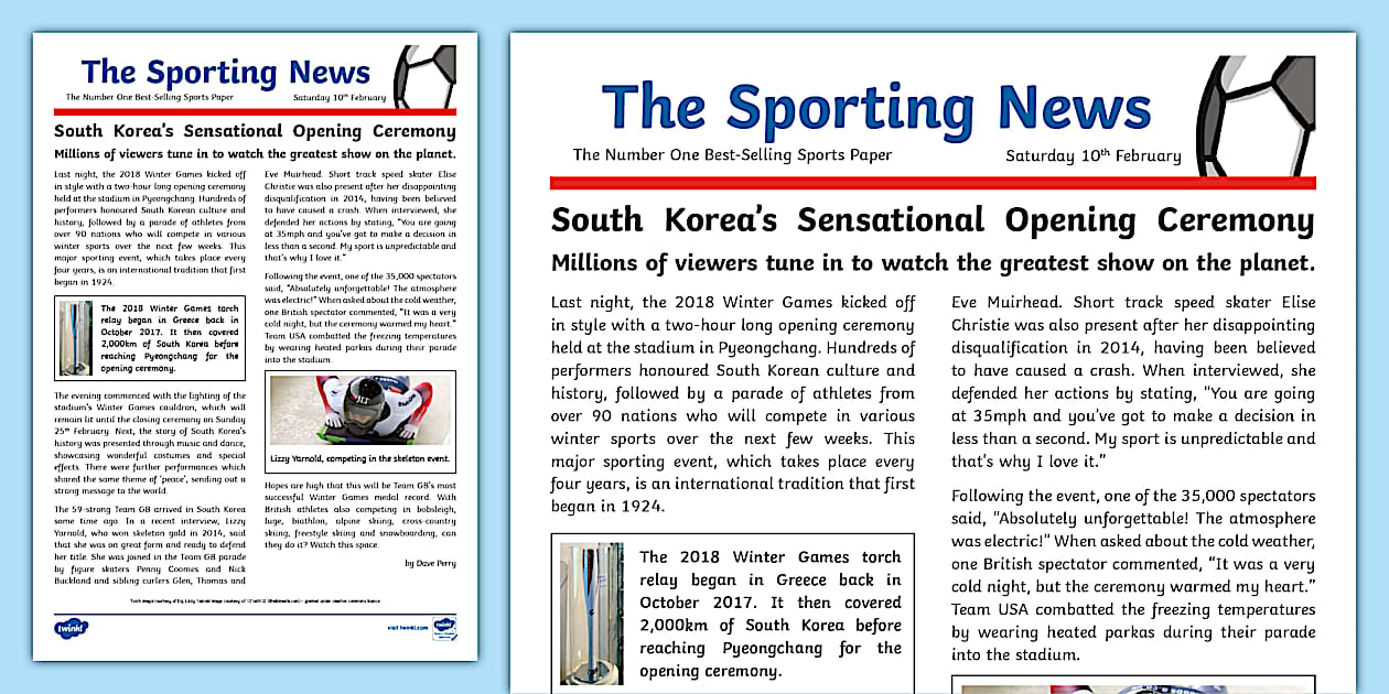 KS2 Winter Games 2018 WAGOLL Example Newspaper Report