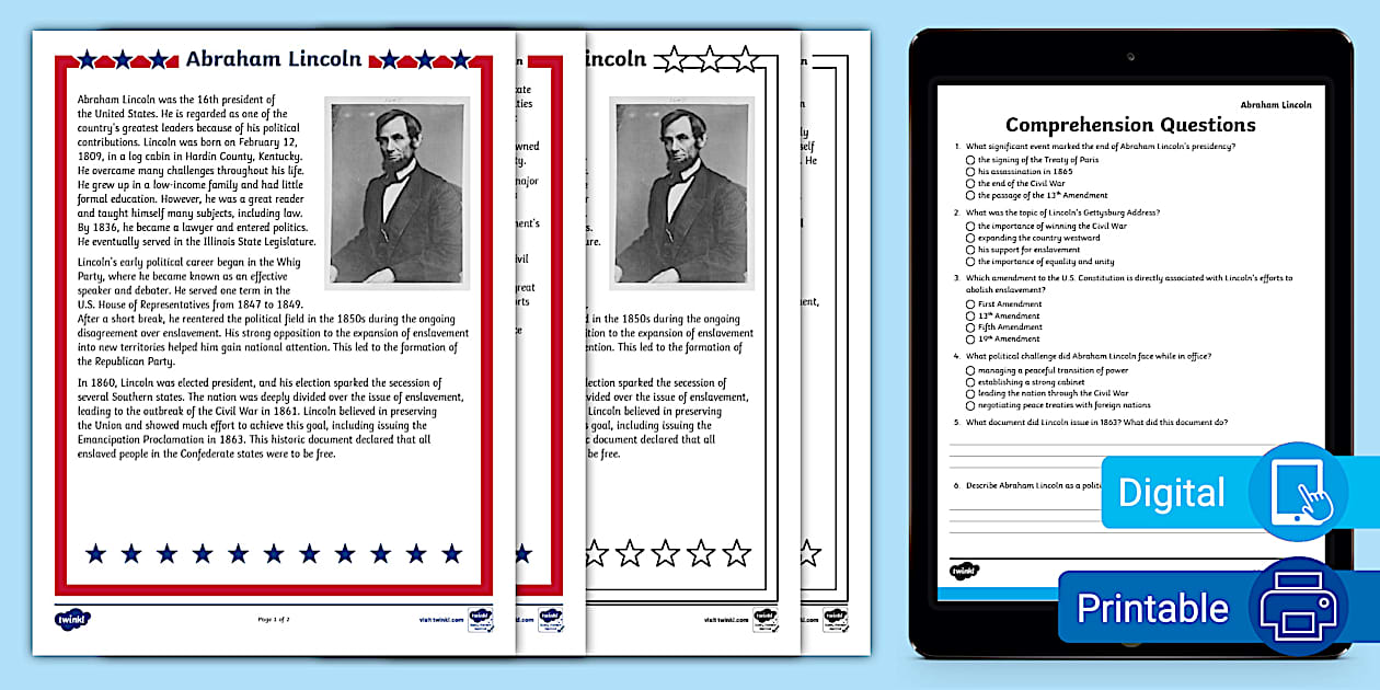 Eighth Grade Abraham Lincoln Reading Comprehension Worksheet