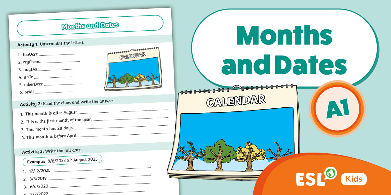 ESL Months & Dates Activity Sheet for Kids