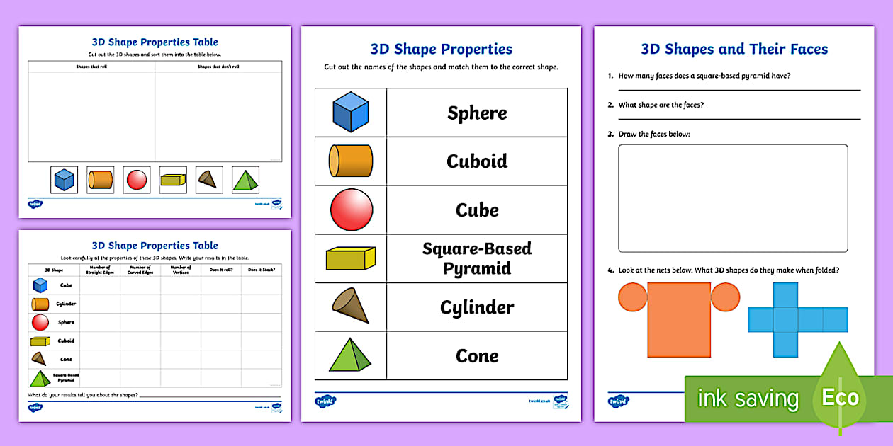 Editable Properties of 3D Shapes Worksheets (teacher made)