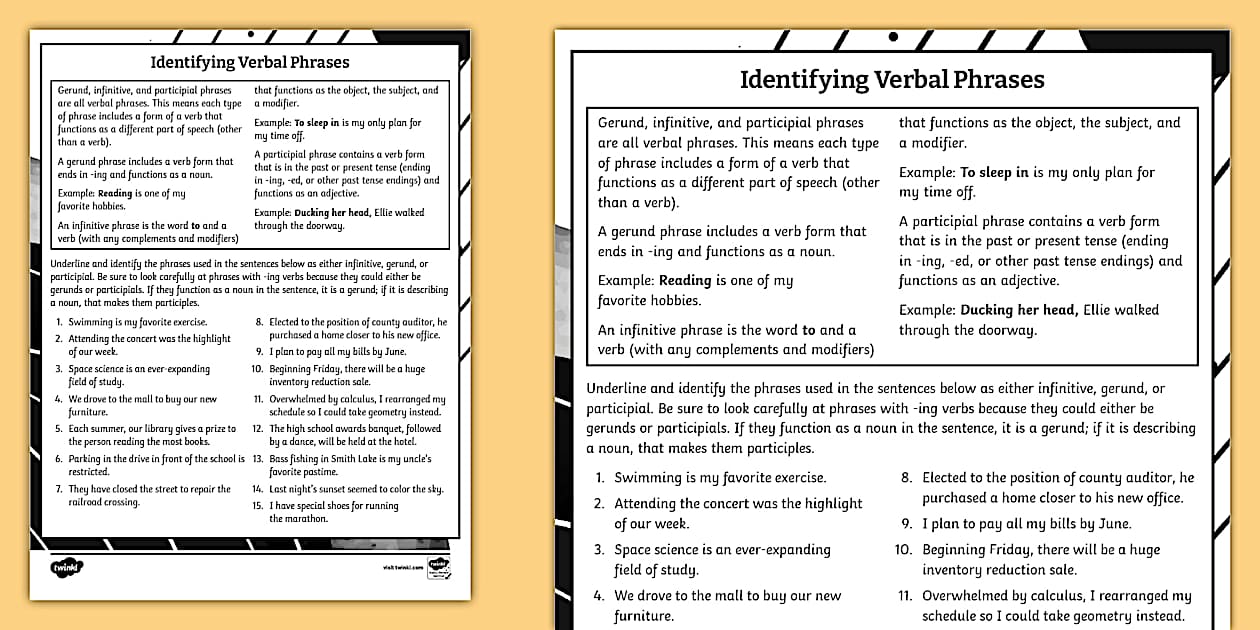 Identifying Verbal Phrases Worksheet for 6th-8th Grade