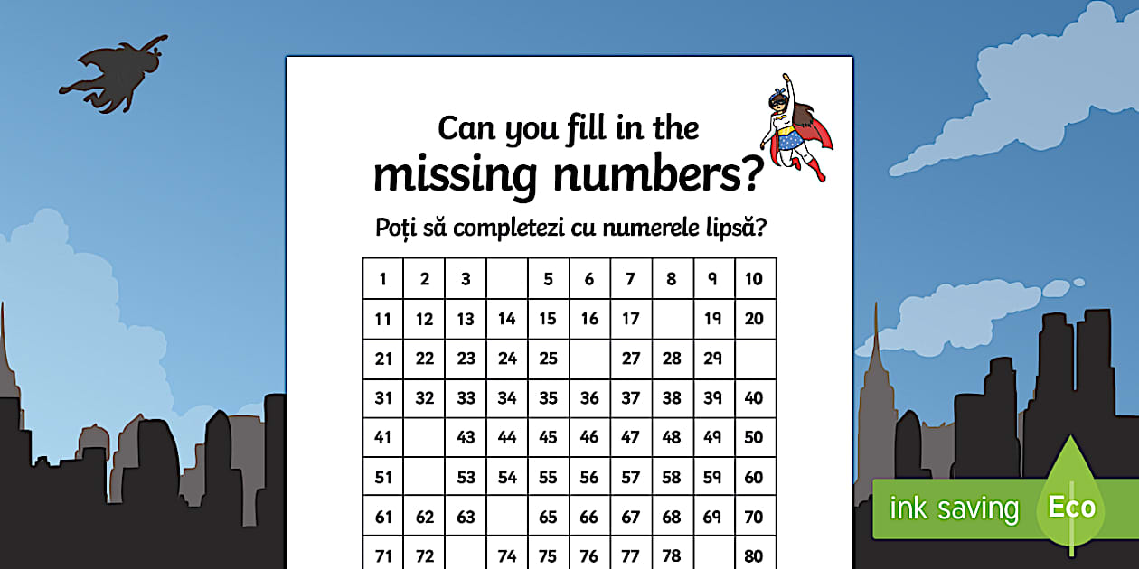 Black and White Superhero Themed Missing Numbers 100 Square Worksheet