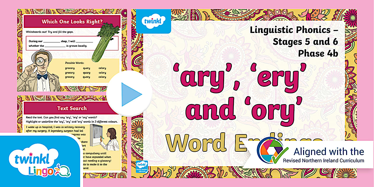 Linguistic Phonics Phase 4b ary ery ory Endings Powerpoint