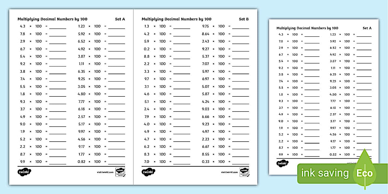 Multiplying Decimal Numbers by 100 Worksheet (Teacher-Made)