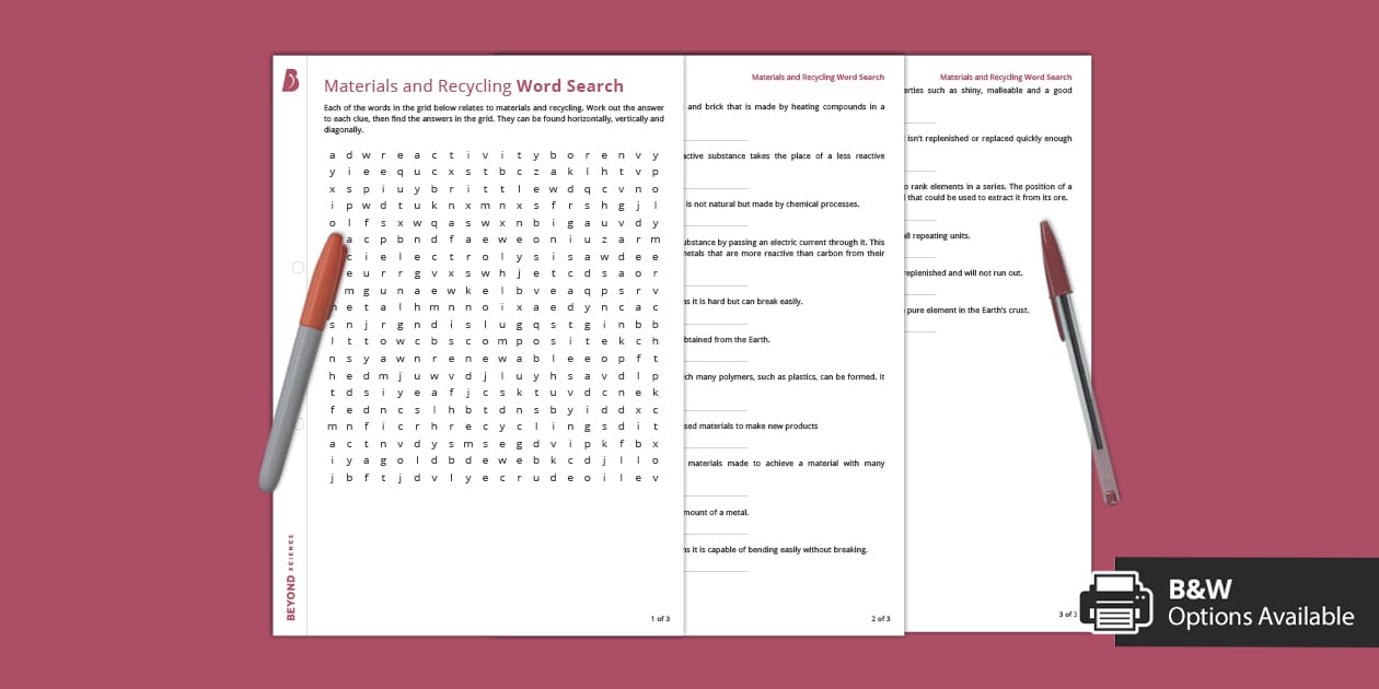 KS3 Materials and Recycling Word Search (teacher made)