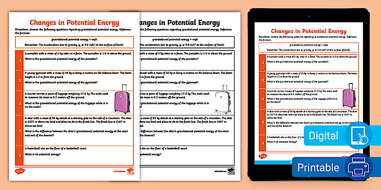 Change in Potential Energy Worksheet | 6th Grade | Twinkl USA