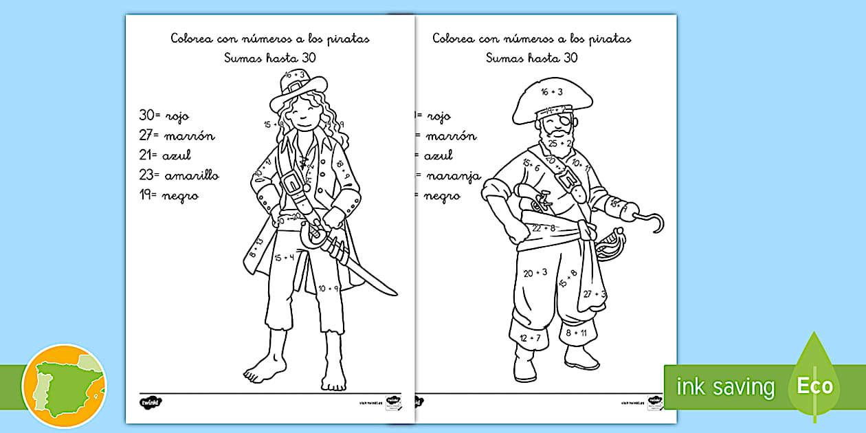 Ficha de actividad: Colorea con números a los piratas - Sumas hasta 30