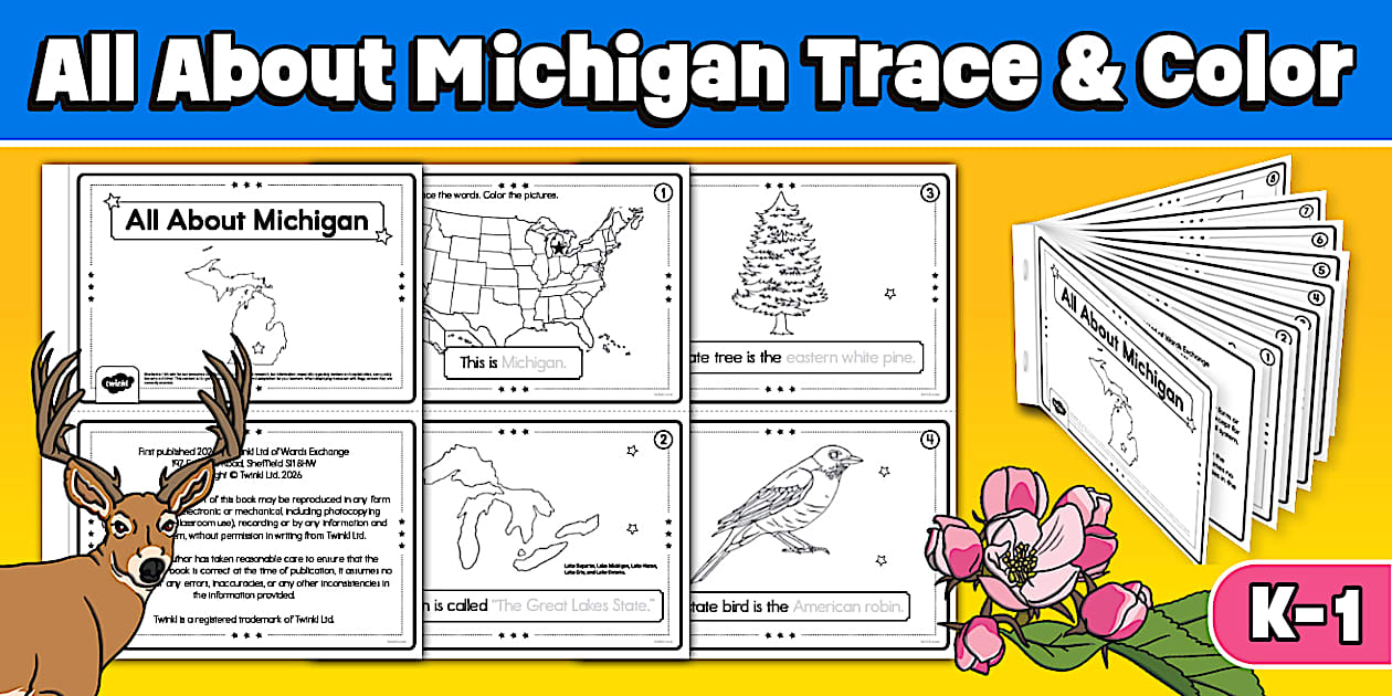 All About Michigan Trace and Color Printable Book for K-1st