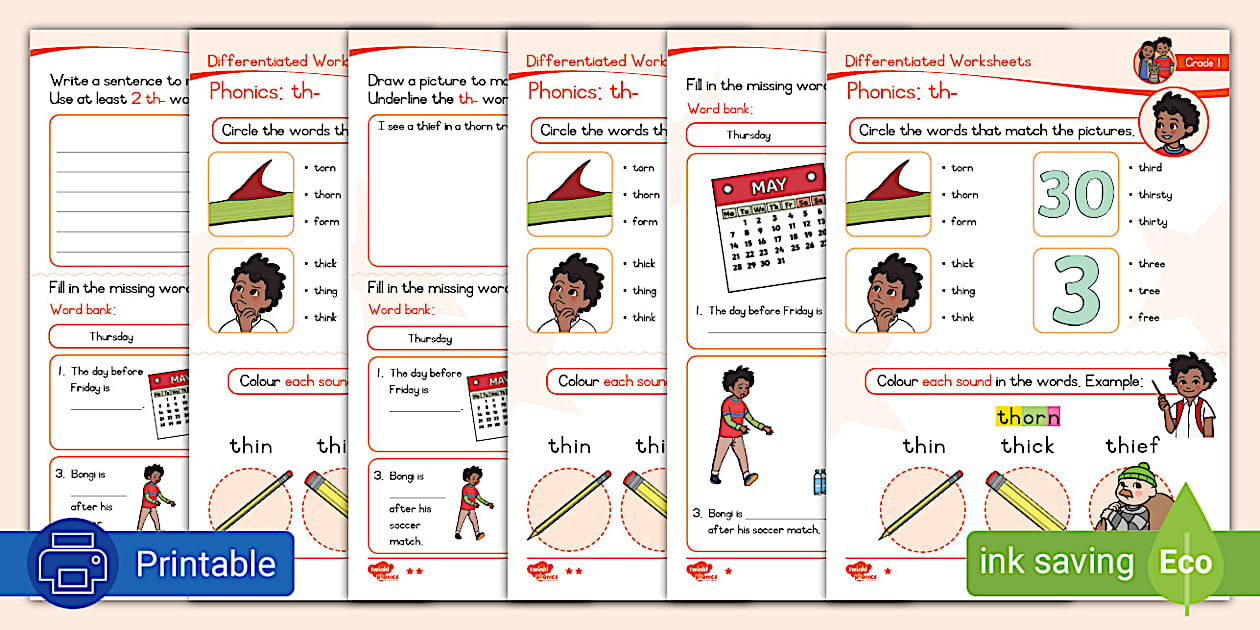 Grade 1 Phonics: th- Differentiated Worksheets - Twinkl