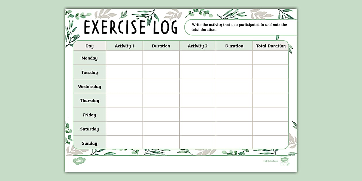 Muted Botanical Themed Exercise Log Worksheet (Teacher-Made)