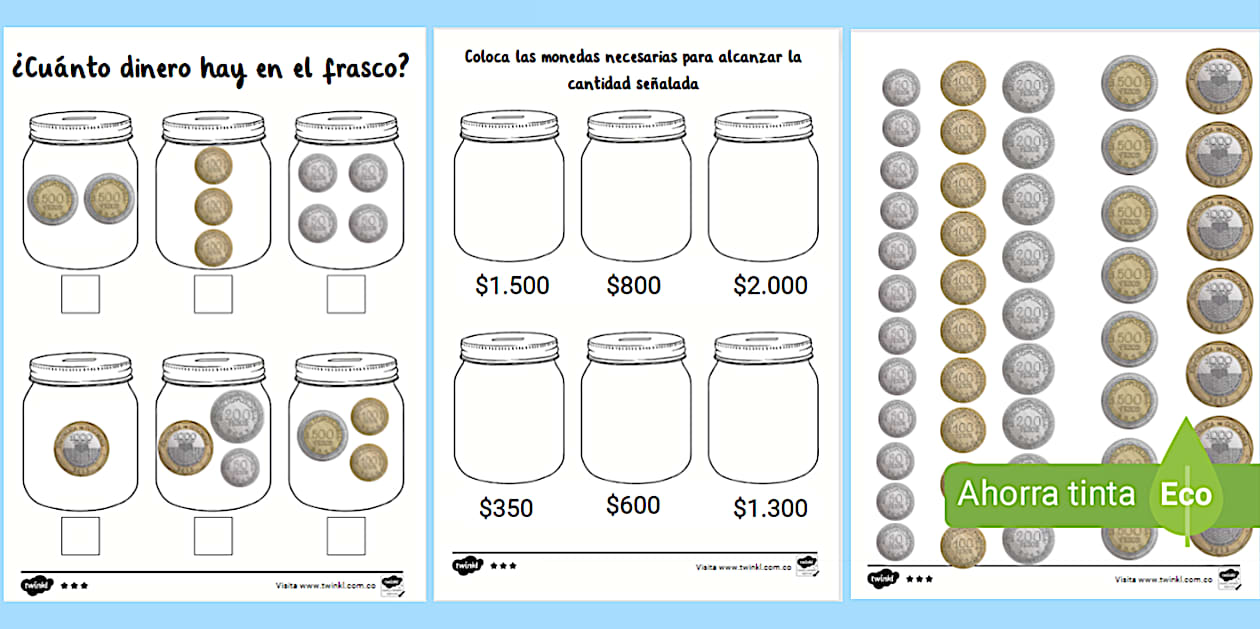 Guía de trabajo: sumas y restas monedas de Colombia- Twinkl