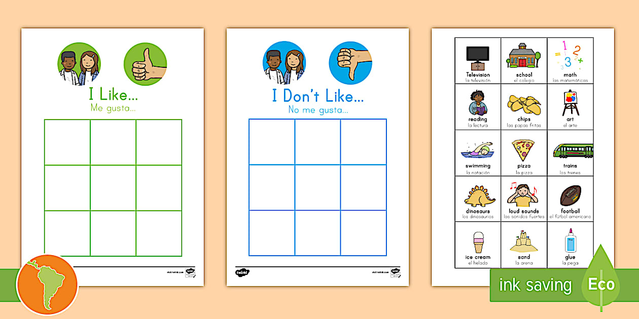 All About Me 'I like' and 'I don't like' Sorting Activity English/Spanish