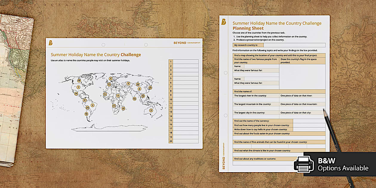 KS3 Summer Holiday Name the Country Challenge Worksheet - Geography - Atlas