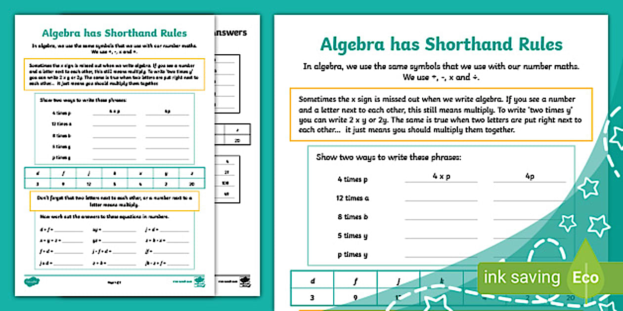 👉 Algebra Shorthand Rules Activity (Ages 9 - 11) - Twinkl