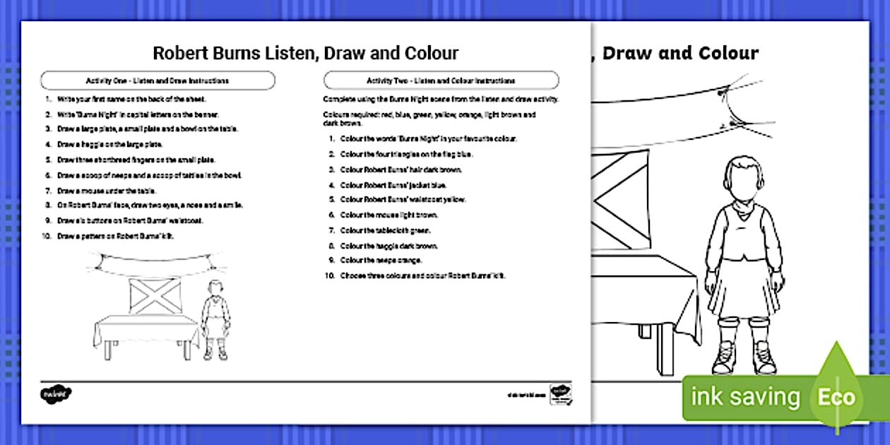 Listen, Draw and Colour Robert Burns Worksheet - Twinkl