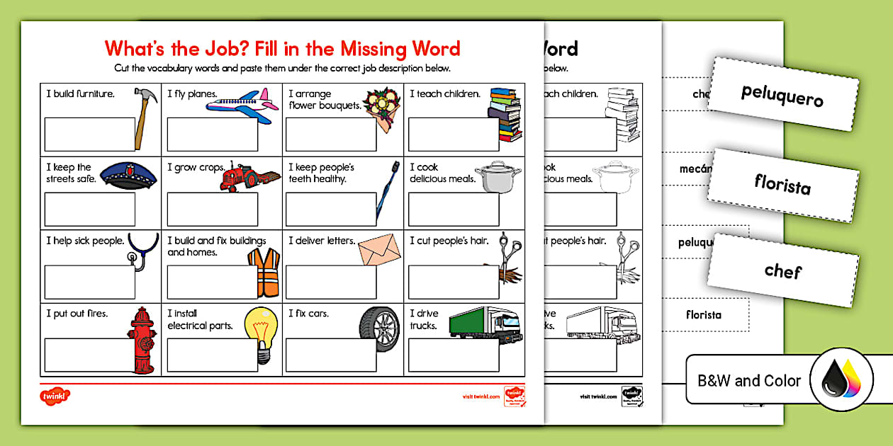 Spanish Word for Job Cut and Paste Worksheet | Twinkl USA