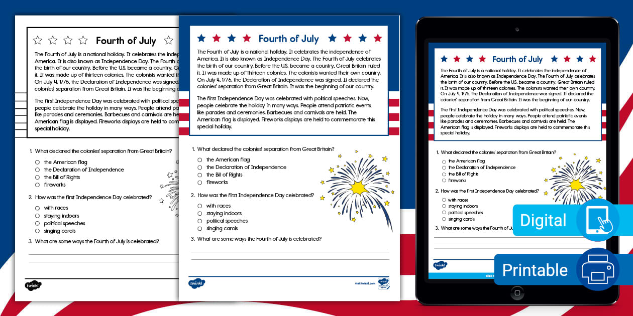 Second Grade Fourth of July Reading Passage Comprehension