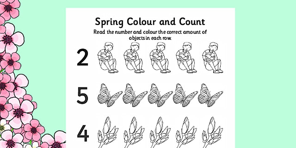 Spring Themed Count and Colour Sheet (teacher made) - Twinkl