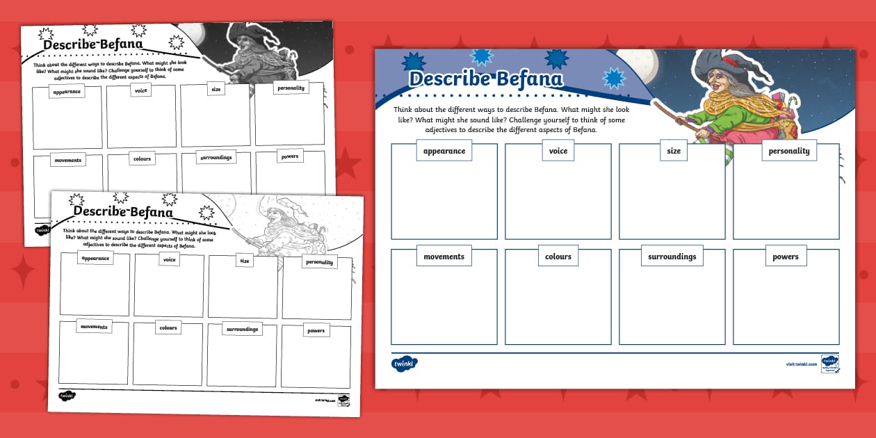 Befana Adjectives Worksheet - Christmas Fun - Twinkl