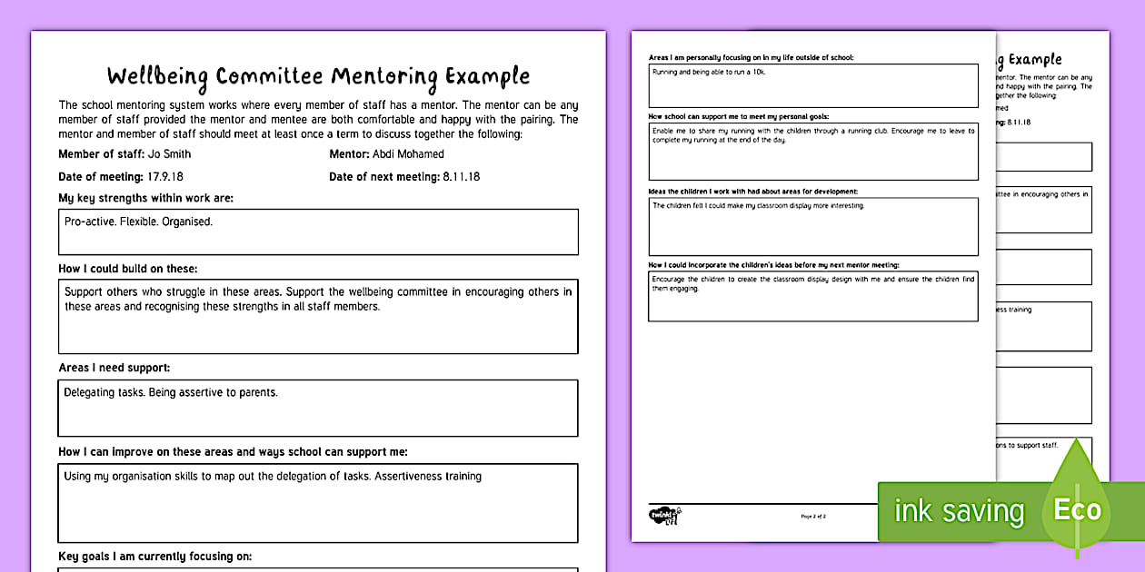 Editable Wellbeing Committee Mentoring Example Form - Twinkl
