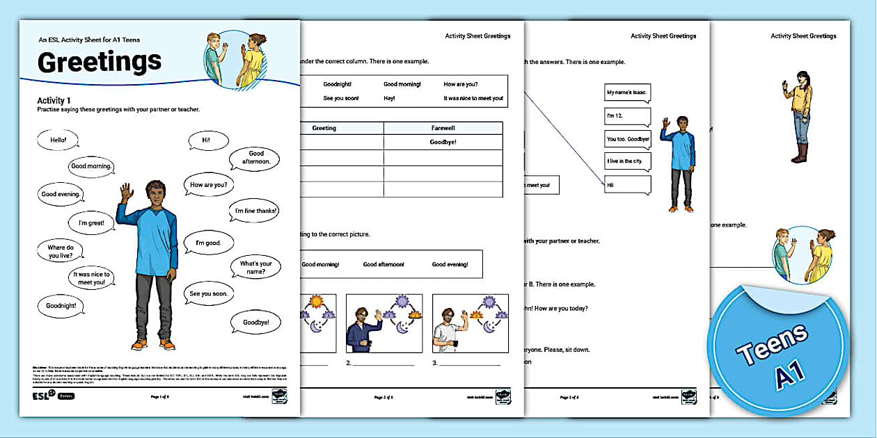 ESL Greetings Activity Sheet [Teens, A1] - Twinkl