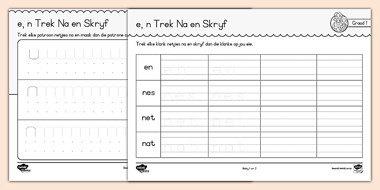 Graad 1 Klanke Handskrif en Lettervorming e, n - Twinkl