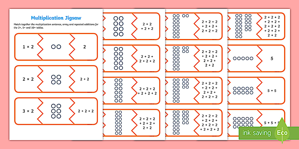2, 5, 10 Multiplication Matching Puzzle Game Worksheet