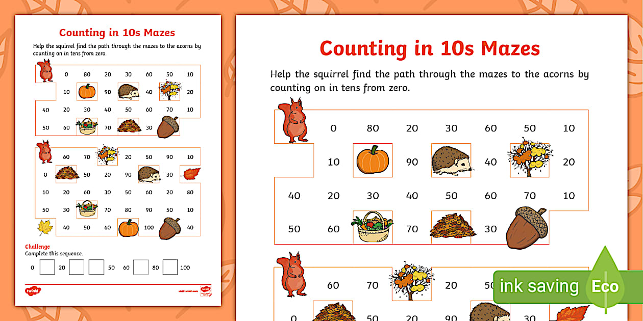 👉 Autumn-Themed Counting in 10s Maze Worksheet - Twinkl