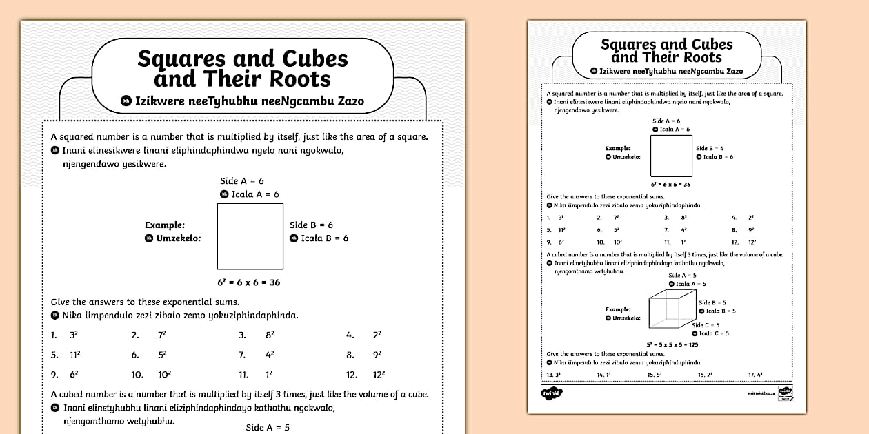 Squares and Cubes and Their Roots IsiXhosa - Twinkl