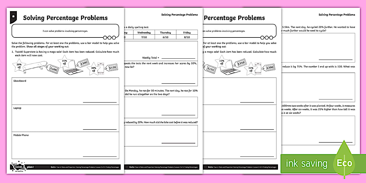 Y6 Solving Percentage Word Problems Differentiated Sheets