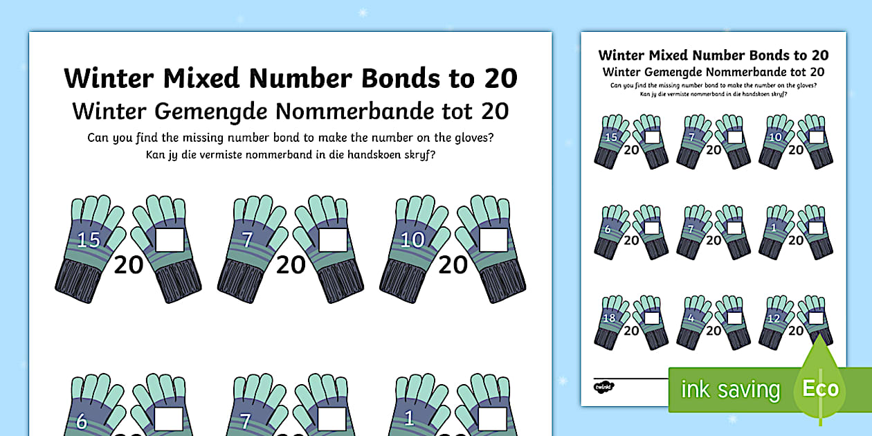 Winter Themed Mixed Number Bonds to 20 Worksheet English/Afrikaans