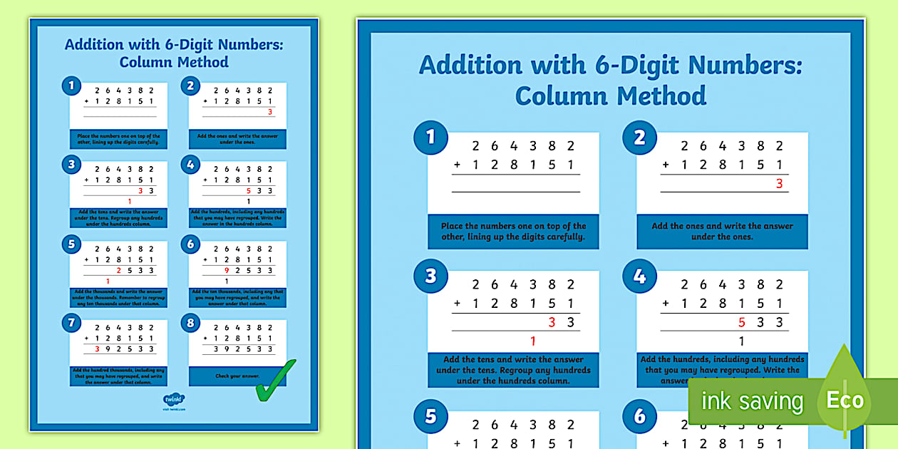 Addition Column Method Poster 6 Digit Numbers Display Poster