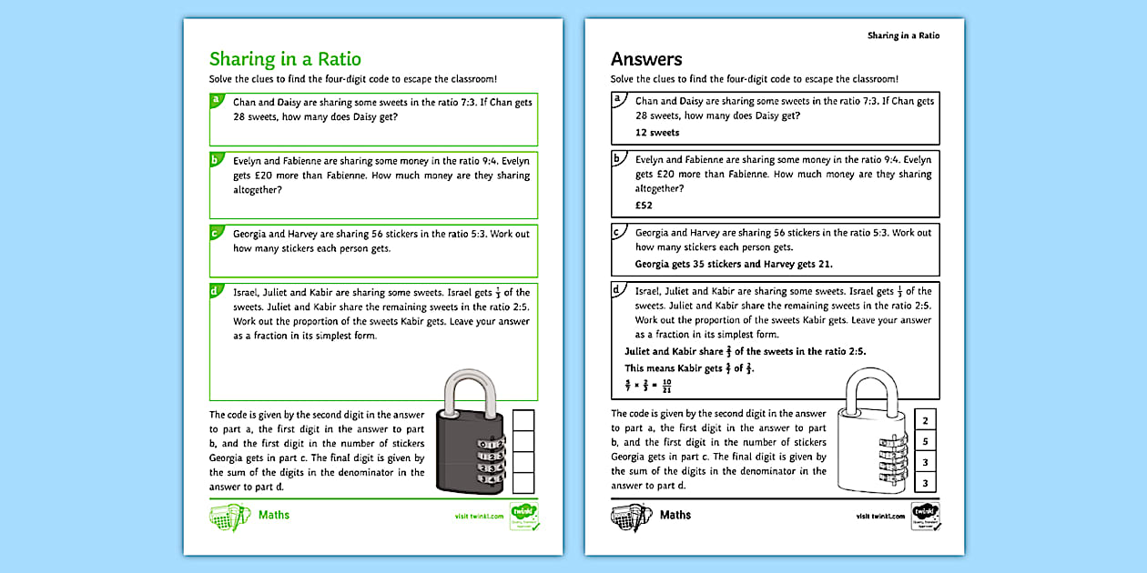 Escape the Room: Sharing in a Ratio Exit Ticket - Twinkl