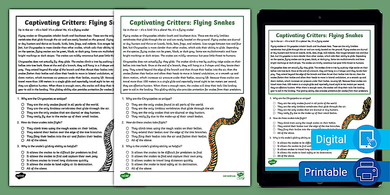 Eighth Grade Captivating Critters- Flying Snakes Reading Passage ...