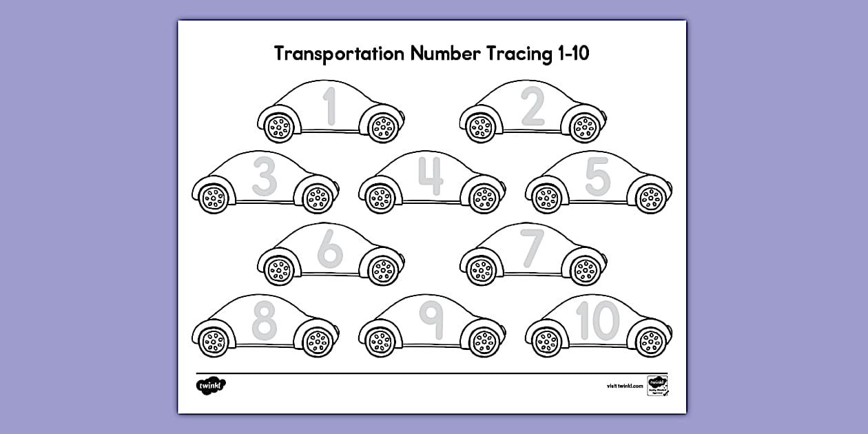 Transportation Number Tracing 1-10 Worksheet (teacher made)